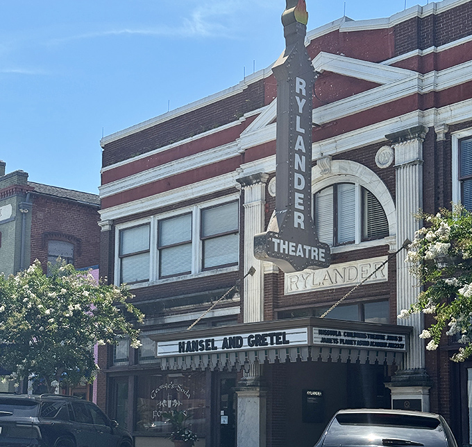 The historic Rylander Theatre marquee announces "Hansel and Gretel" – cultural offerings in a beautifully preserved venue that's pure Americana.