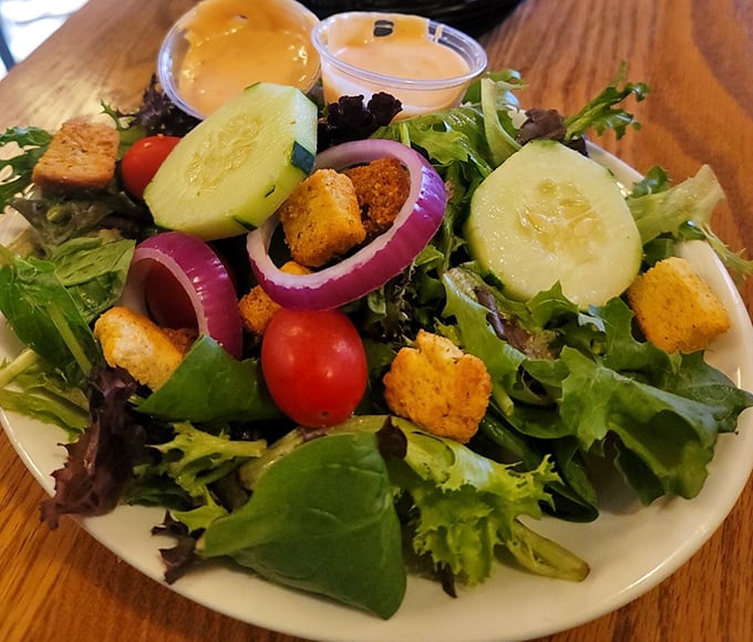 A salad that doesn't apologize for being healthy—it's too busy showing off its fresh ingredients and perfect dressing ratio.