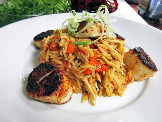 Perfectly seared scallops surrounding a colorful orzo medley—like tasty sentinels guarding a treasure of pasta and vegetables.