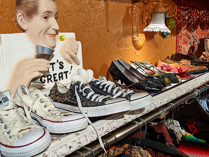 That vintage ventriloquist dummy seems to whisper, "Those Converse would look great with that sequined jacket you're eyeing."
