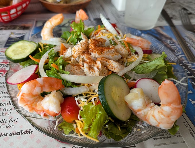 A seafood salad that actually makes eating vegetables exciting—those plump shrimp are the exclamation points in a sentence of freshness.