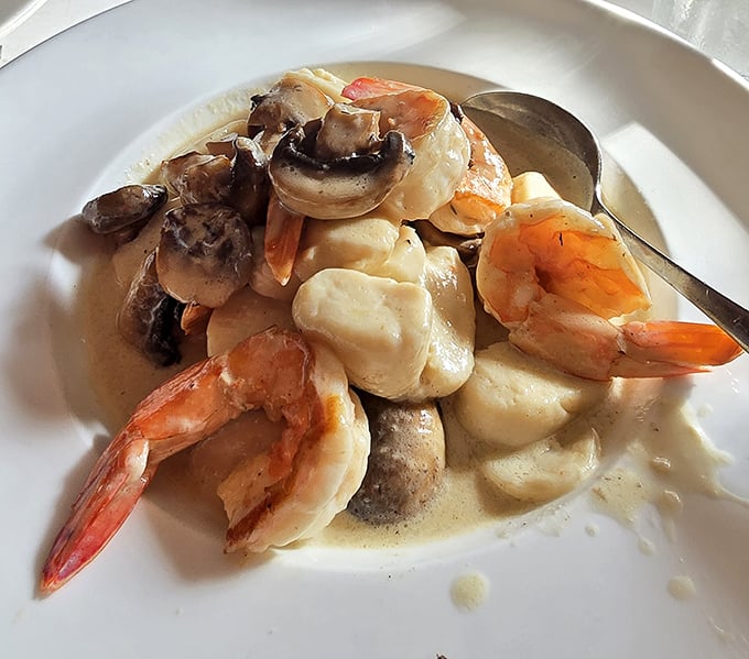 Plump shrimp and earthy mushrooms swim together in creamy pappardelle paradise that defies all expectations.