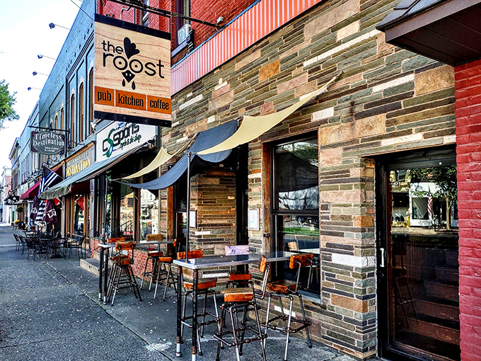 The Roost's rustic-industrial outdoor seating area offers the perfect perch for coffee sipping and conversation—urban café vibes in small-town Pennsylvania.