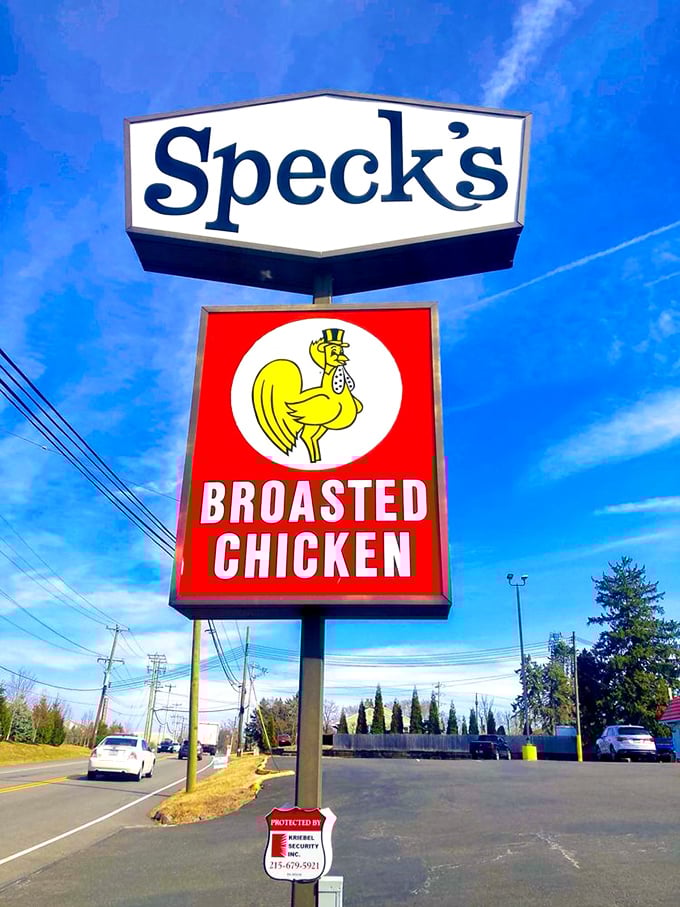 The iconic Speck's sign promises "BROASTED CHICKEN"—two words that have launched countless detours and special trips across Pennsylvania.