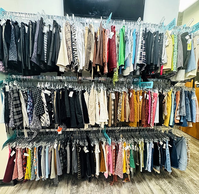 Three tiers of fashion possibilities—where else can you find business casual, weekend wear, and "meeting the in-laws" outfits all in one glorious wall?