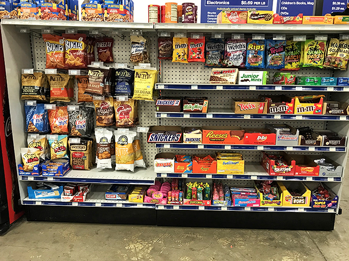 The snack aisle: fueling marathon thrifting sessions since forever. Because no one ever discovered vintage Pyrex on an empty stomach.