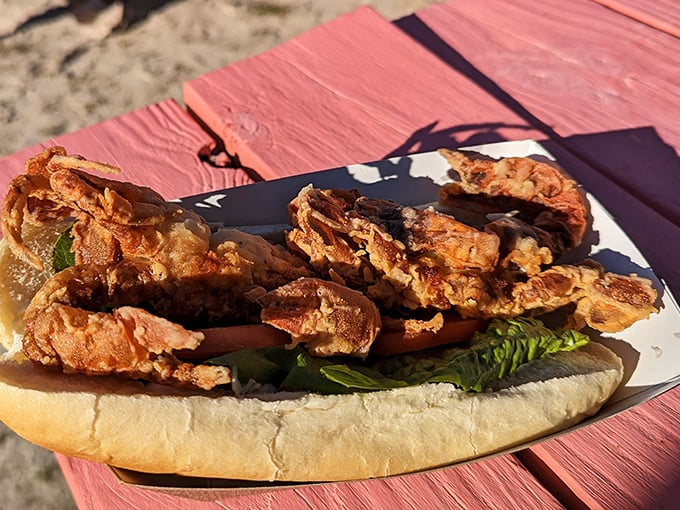 The soft shell crab sandwich—where you eat the entire crustacean and somehow feel civilized doing it. Nature's ultimate finger food.
