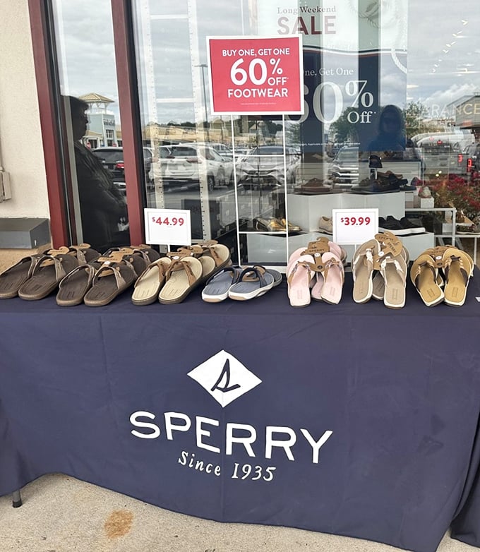 Sperry's sandals lined up like nautical soldiers, ready to march straight into your beach vacation wardrobe.