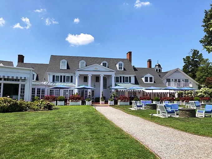 This grand colonial estate with its manicured lawn and Adirondack chairs practically begs you to sip something cold while watching sailboats drift by.