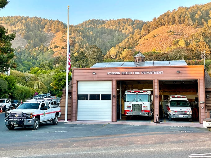 The Stinson Beach Fire Department—where community heroes park their trucks between rescues and where small-town America still thrives in coastal California.