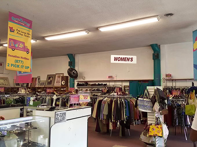 The organized chaos of thrift store democracy—where Prada mingles with Target like old friends.