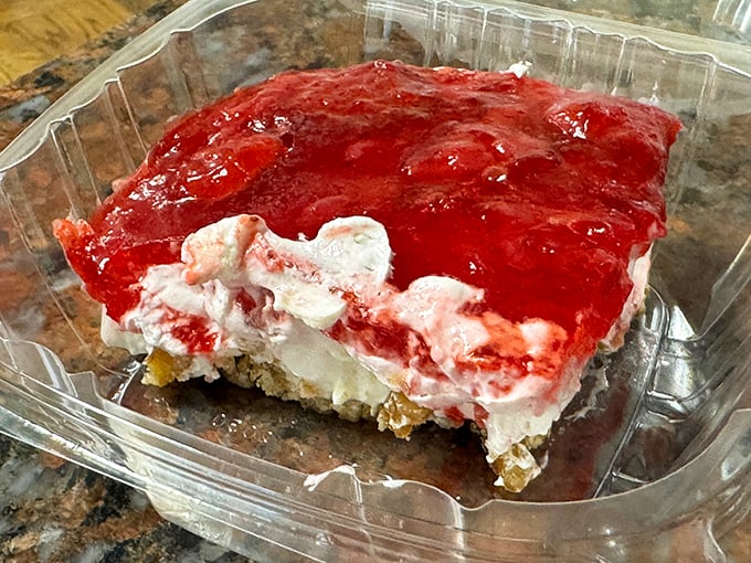 Strawberry pretzel pie that hits all the notes – sweet, salty, creamy, and fruity – like a perfectly composed edible symphony in a takeout container.