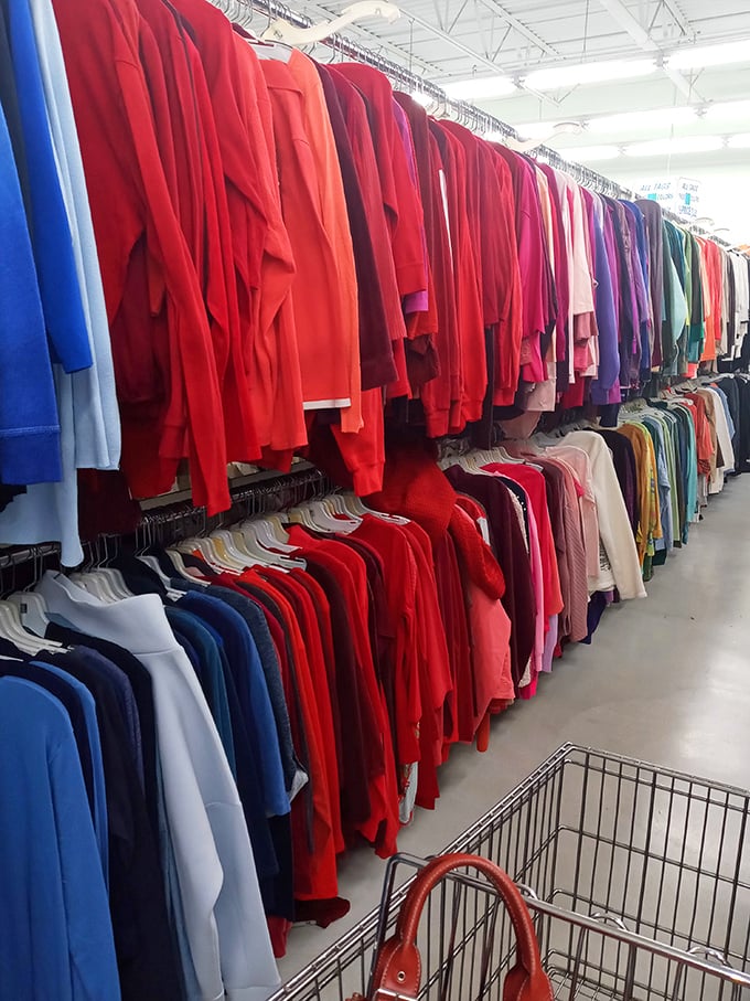 A rainbow of sweaters organized by color creates an Instagram-worthy moment that's actually affordable – unlike most things worthy of social media.