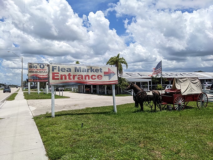 The Big O Flea Market entrance hints at bargains that would make your coupon-clipping neighbor green with envy.