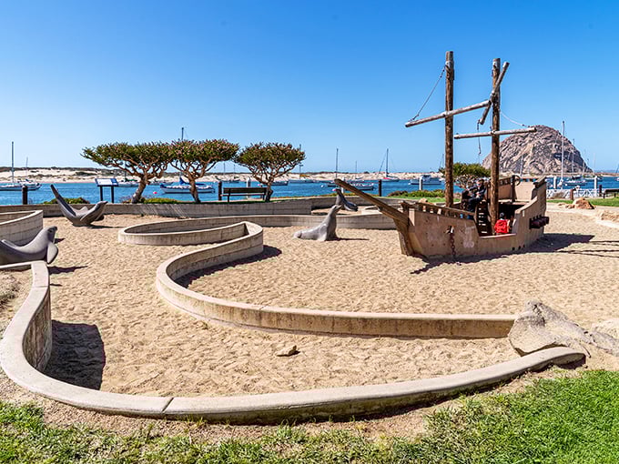 Playgrounds designed around pirate ships because someone understood that childhood imagination deserves proper theatrical staging and props.