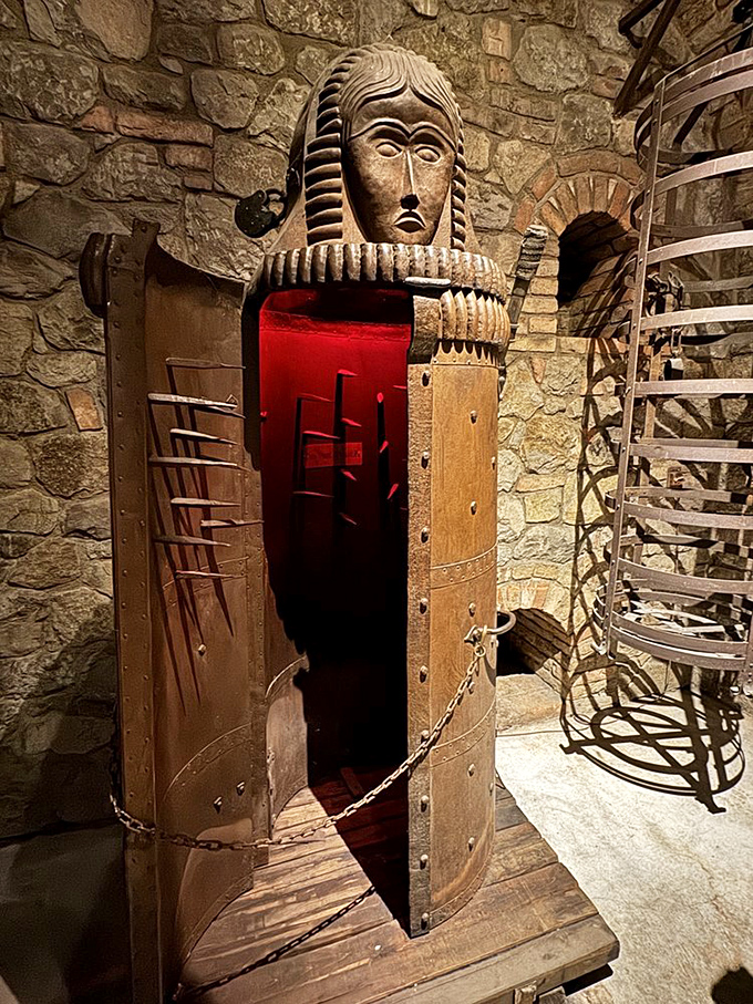 The iron maiden: medieval Europe's least comfortable hotel accommodation. This torture chamber exhibit makes you grateful to live in the era of memory foam.