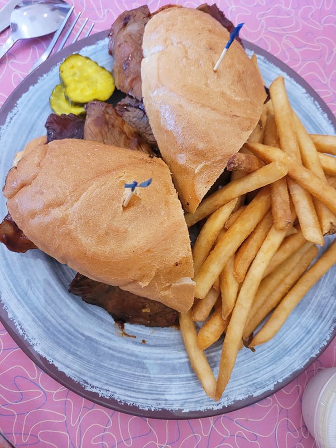 The tri-tip sandwich—California's contribution to sandwich immortality. Served with fries so perfectly golden they deserve their own Instagram.