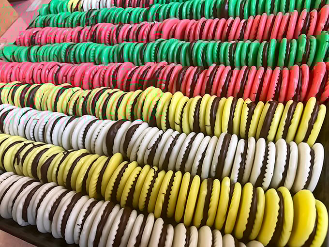These colorful sandwich cookies stand at attention like delicious little soldiers, each one a different flavor adventure waiting to happen.