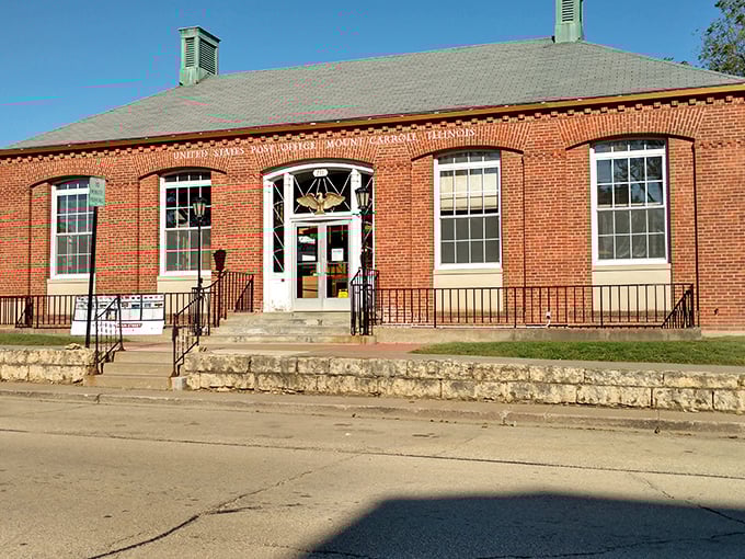 This handsome brick postal building has delivered Mount Carroll's correspondence for generations, a cornerstone of community connection before email existed.