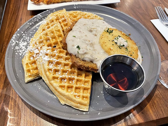 Golden waffles with the ideal grid pattern—nature's perfect design for holding pools of maple syrup and melted butter.