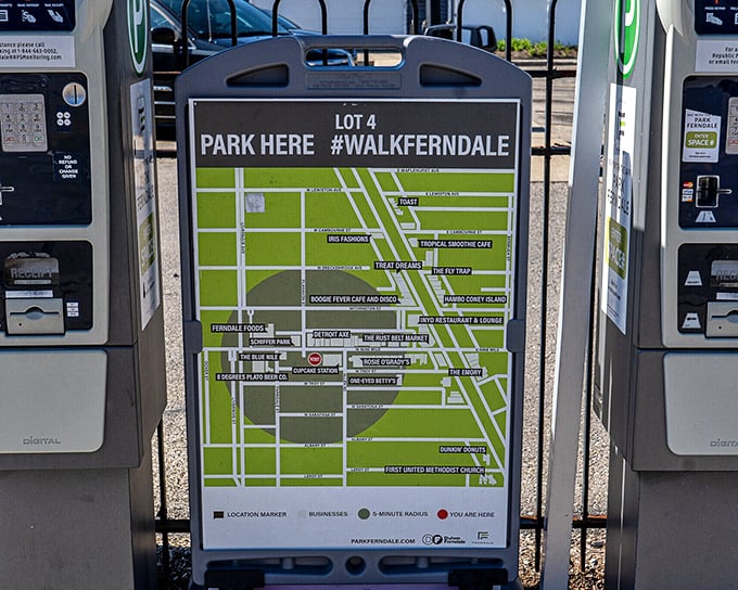 "Park Here #WalkFerndale" – even the parking meters in walkable towns invite you to ditch the car and explore on foot.
