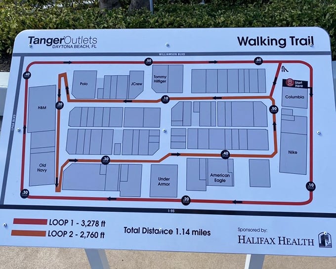 The walking trail map shows loops totaling 1.14 miles – basically a 5K if you zigzag enough.