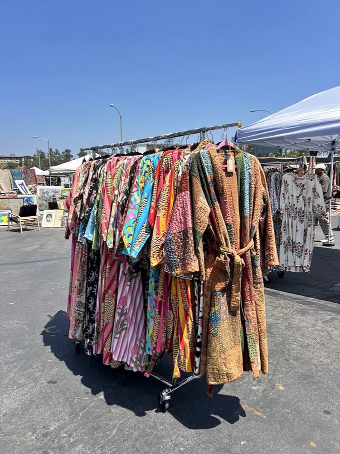 A rainbow of kimonos and robes sway in the gentle breeze, each pattern more eye-catching than the last. Wearable art awaits its next chapter.