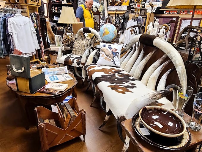 Western-inspired home décor that brings the ranch to Pennsylvania. This cowhide-covered bench would make even John Wayne nod in approval.