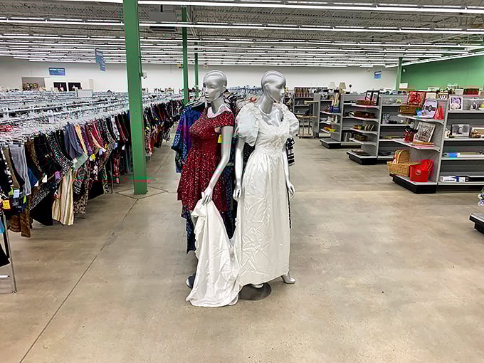 Mannequins showcase formal wear finds that prove special occasion outfits don't need special occasion prices—wedding and prom attire gets a second dance.