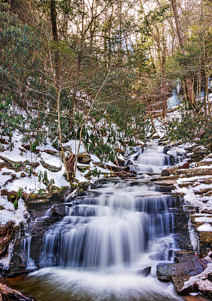 Winter transforms the falls into a magical ice palace. The cold season reveals an entirely different park, where water pauses mid-descent in frozen splendor.