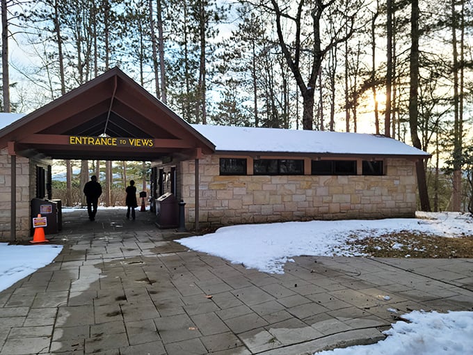 Winter transforms the visitor center into a snow-dusted gateway to a monochromatic wonderland that summer tourists never get to experience.