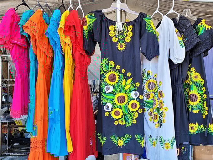 These embroidered dresses tell stories without words—vibrant sunflowers dancing across fabric that transforms ordinary days into fiestas.