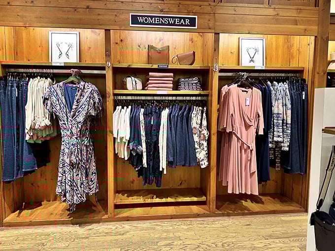 Women's apparel displayed with rustic charm. The wooden fixtures say "farmhouse chic," but the prices whisper "city-smart deals."