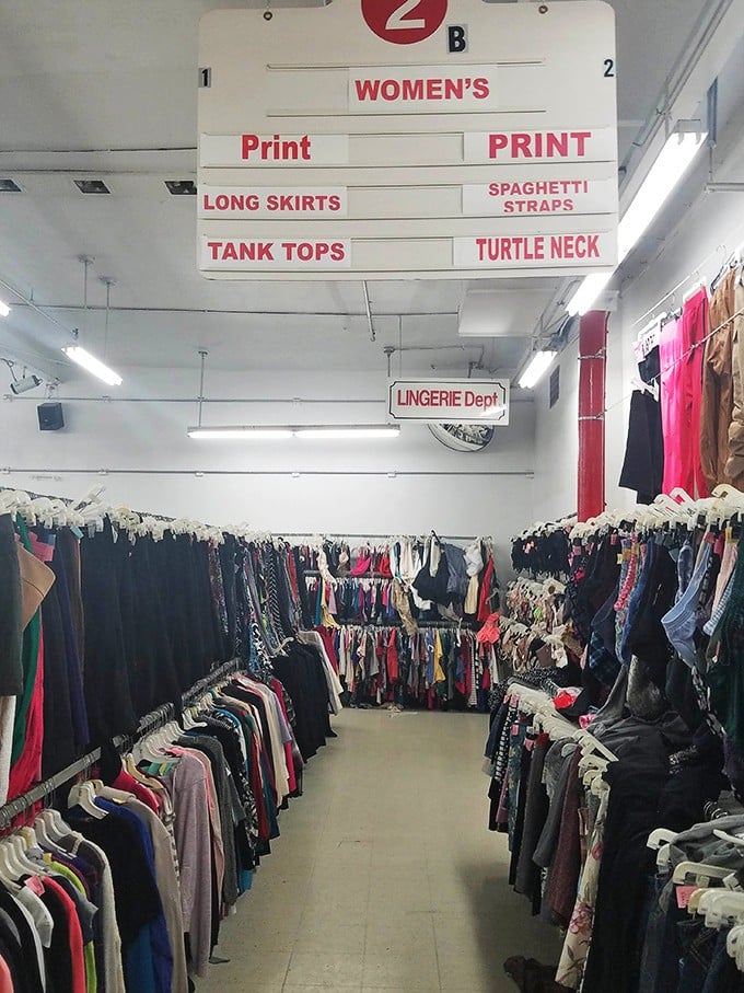 Women's clothing organized with military precision—where "spaghetti straps" and "turtle neck" aren't just fashion terms but navigational coordinates in this bargain universe.