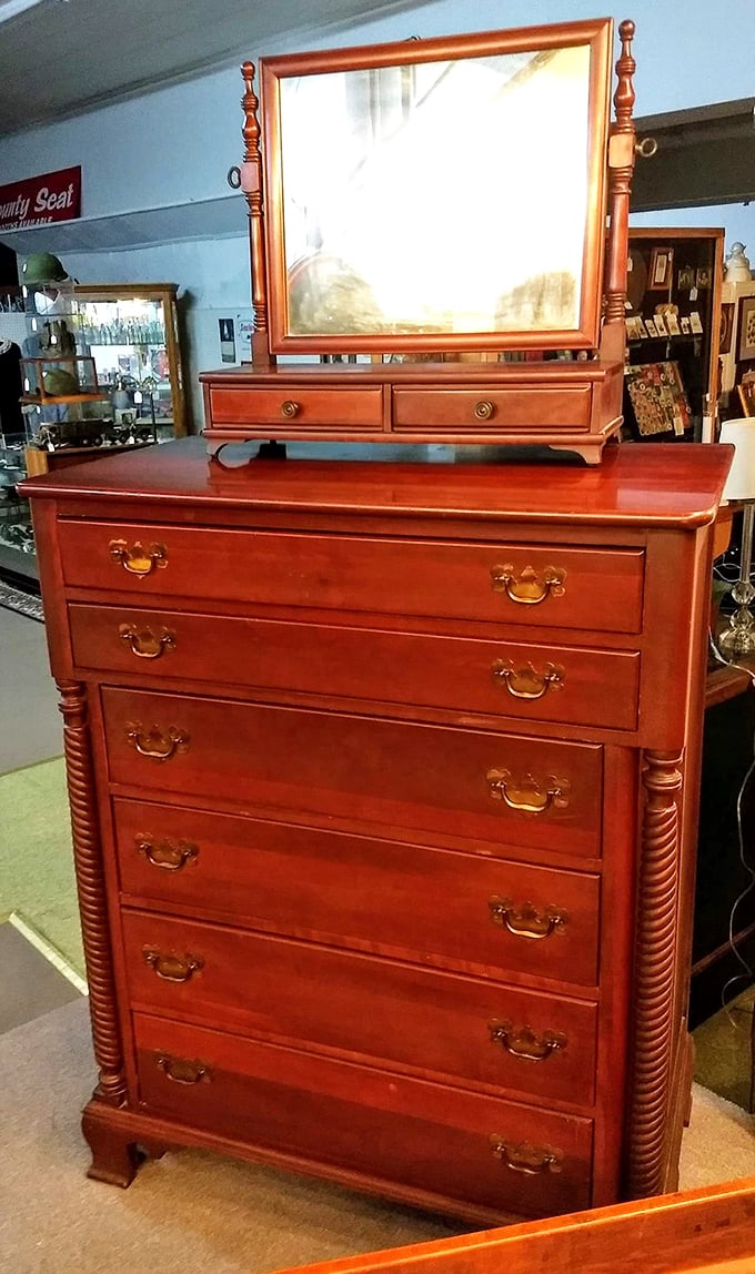 This handsome dresser with swivel mirror has witnessed countless morning rituals and evening preparations—a dignified piece that's outlived fast furniture by a century.
