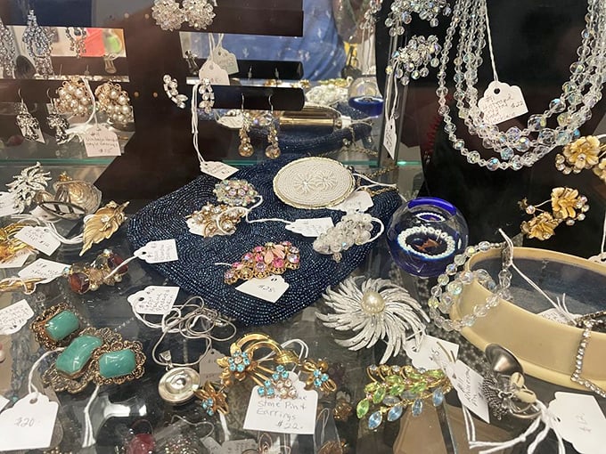 Jewelry that whispers stories of cocktail parties past. Each brooch and earring waiting patiently for its second act.