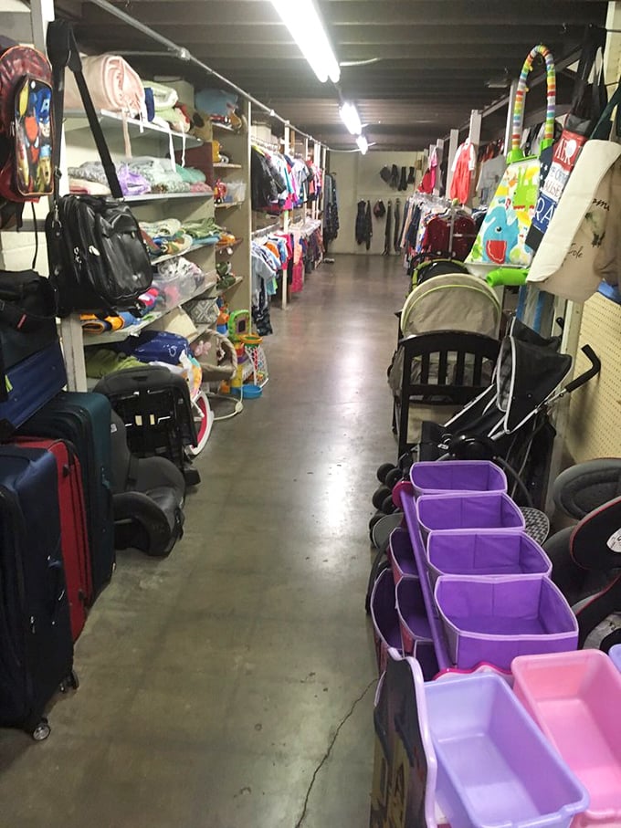 The children's section – a wonderland where strollers, toys, and tiny clothes await families who understand kids outgrow everything faster than California wildfire seasons.