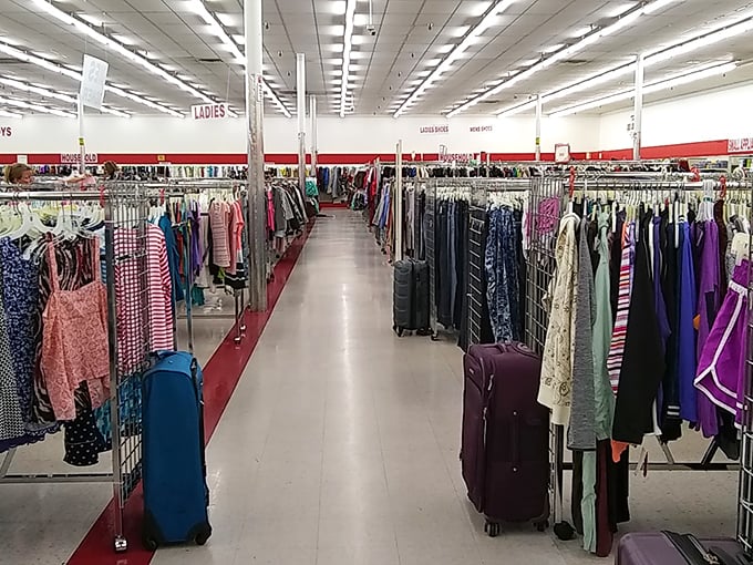 Ladies' fashion stretches to the horizon, with luggage standing by to transport your thrifting victories home.