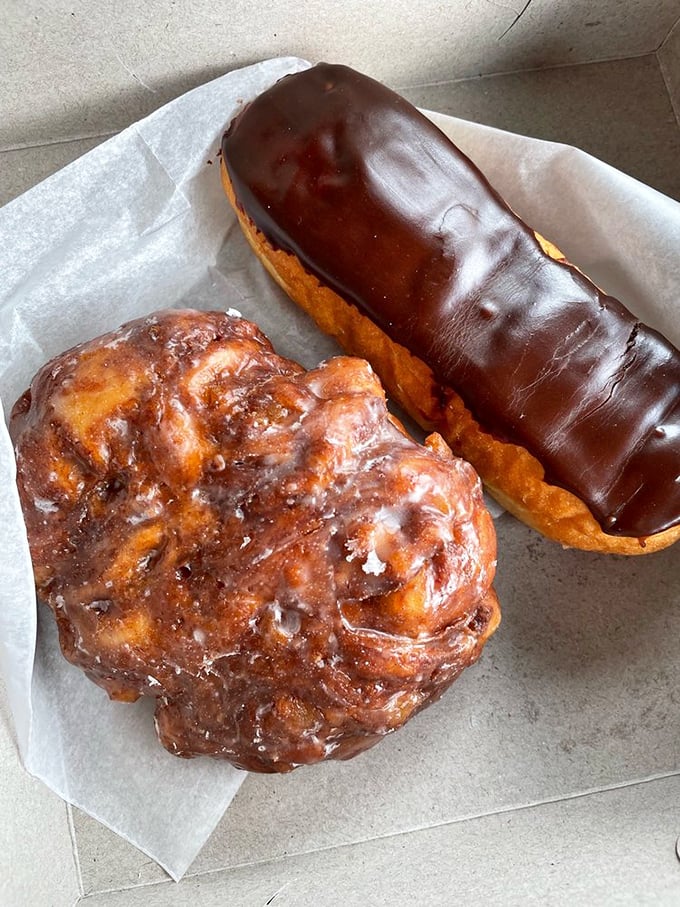 The apple fritter and chocolate long john—proof that sometimes the best things in life are fried, glazed, and utterly unapologetic.