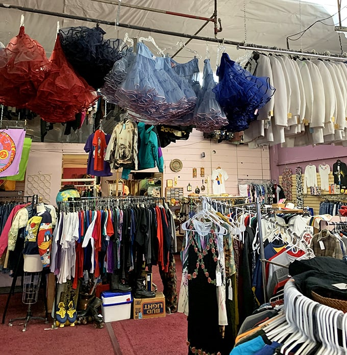 Crinoline petticoats hang like colorful clouds above racks of carefully organized vintage clothing. Somewhere, a prom from 1955 is missing its dresses.
