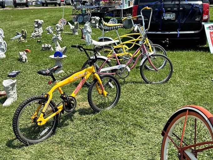 Bicycles from every era stand at attention, from banana-seat beauties to vintage cruisers—childhood nostalgia on two wheels.