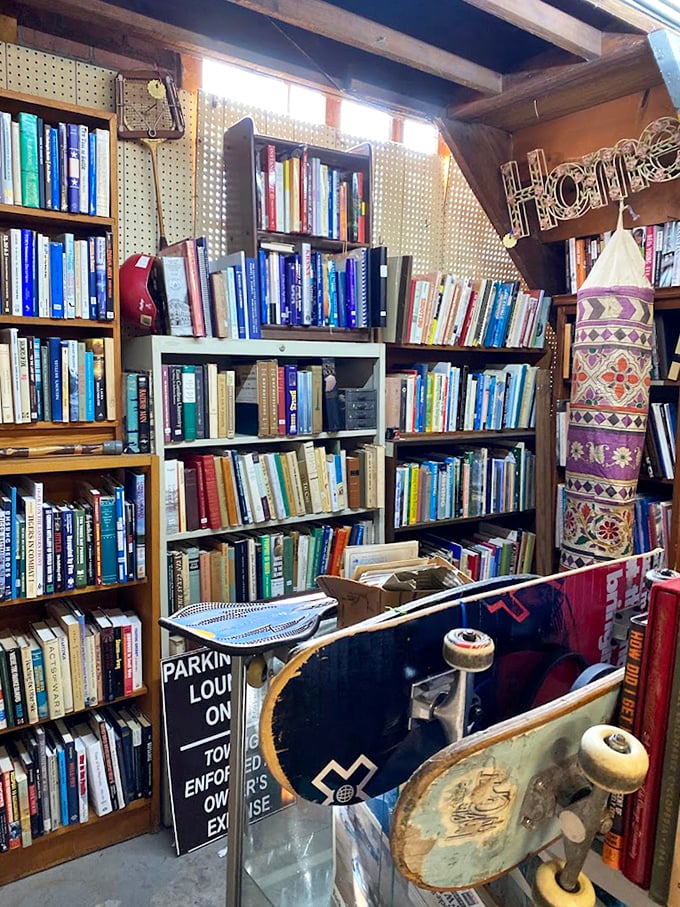 The book section - where the smell alone is worth the trip. That perfect vintage hardcover is hiding somewhere between these shelves.