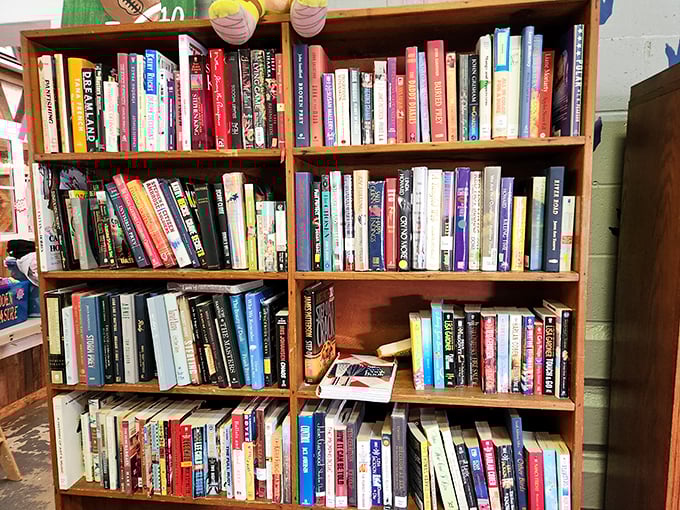Books stacked with promise—each spine a doorway to adventure. This wooden bookcase holds more stories than your Netflix queue ever could.