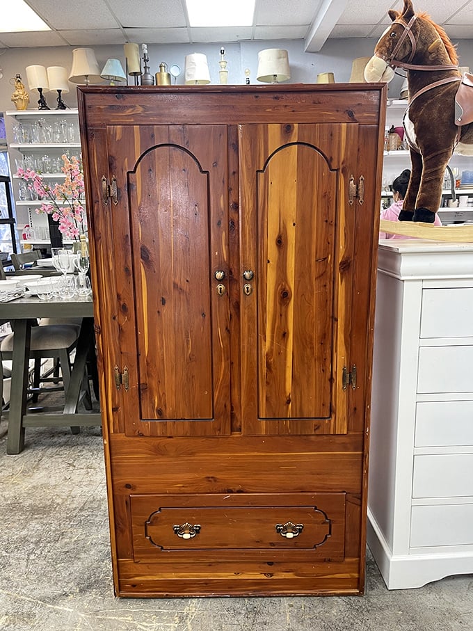 Cedar charm and vintage craftsmanship—this wardrobe could be the gateway to your own personal Narnia, minus the snow and talking animals.