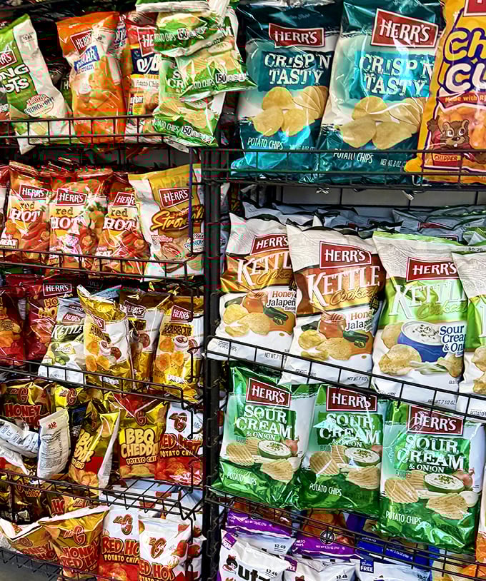 The chip selection at Leo's is serious business—a colorful array of Herr's varieties that proves Pennsylvania knows its potato-based snacks.