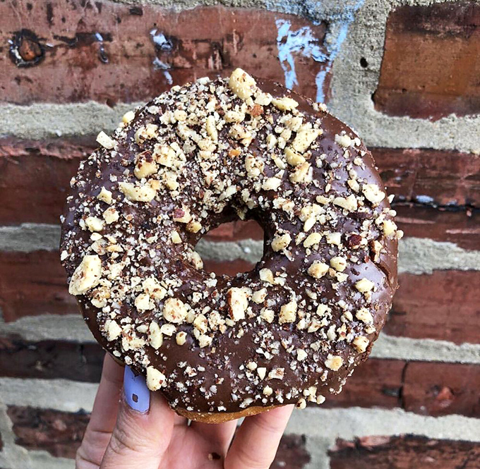 Chocolate hazelnut donut with crushed nuts—proof that plant-based eating can be indulgent, sophisticated, and utterly irresistible.