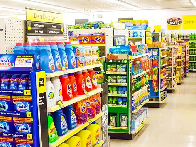 The cleaning supply aisle stands ready to battle any household disaster with an army of brightly colored liquid soldiers.
