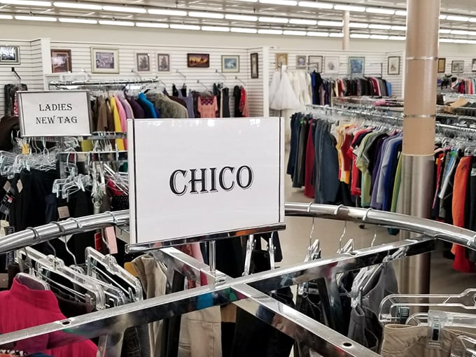 Designer labels organized by size and type—the holy grail of thrift shopping. That Chico's section is calling your name!