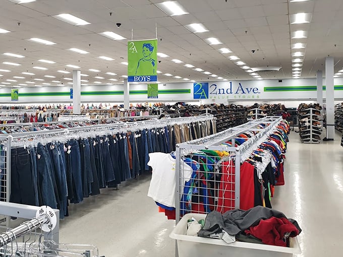 The men's department: organized with military precision, where yesterday's business casual becomes tomorrow's smart bargain.