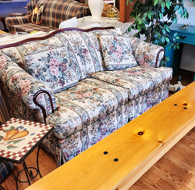 This floral couch has stories to tell. Once the pride of someone's formal living room, it's now waiting for its second act in your sunroom.